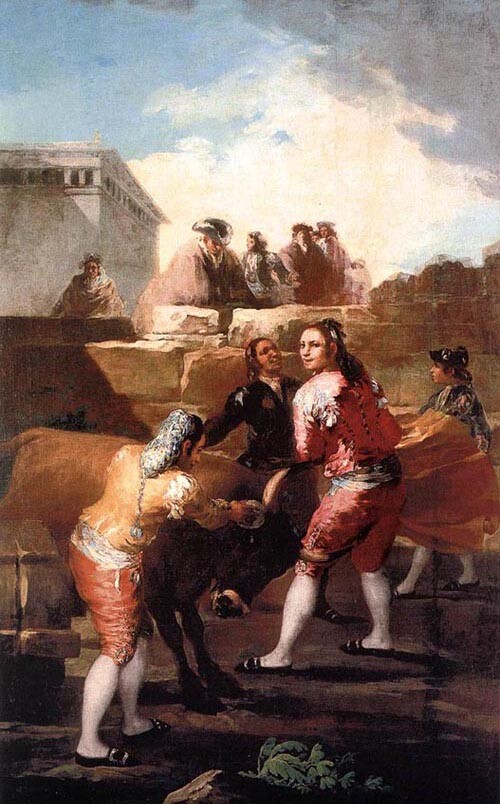 Oil painting bullfighting festival cow Fight-with-a-Young-Bull ...