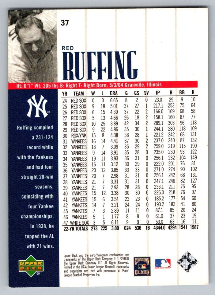 2000 Upper Deck Yankees Legends #37 Red Ruffing | eBay