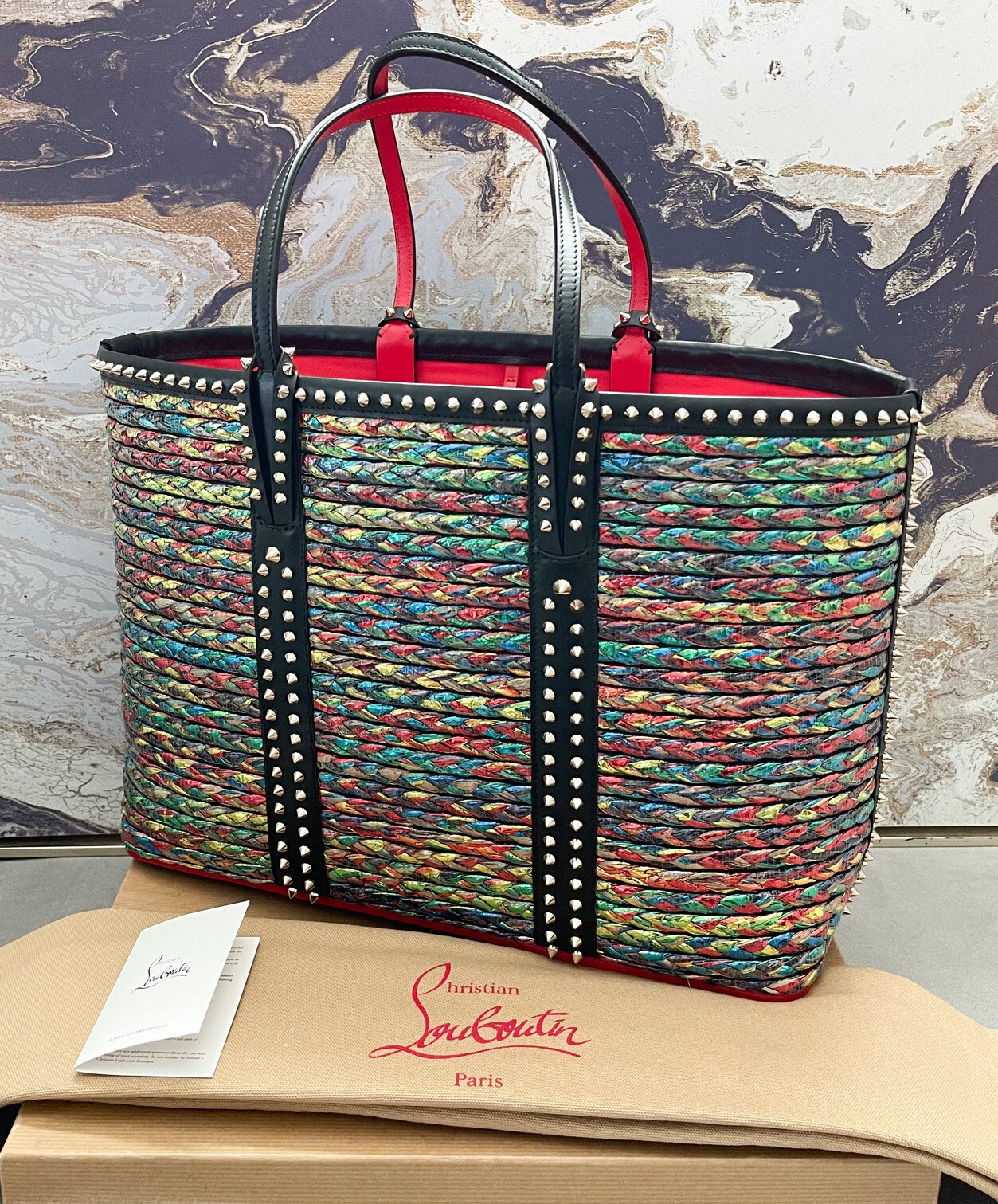 Christian Louboutin Large Cabata Metallic Straw Spikes Multicolor Tote ...
