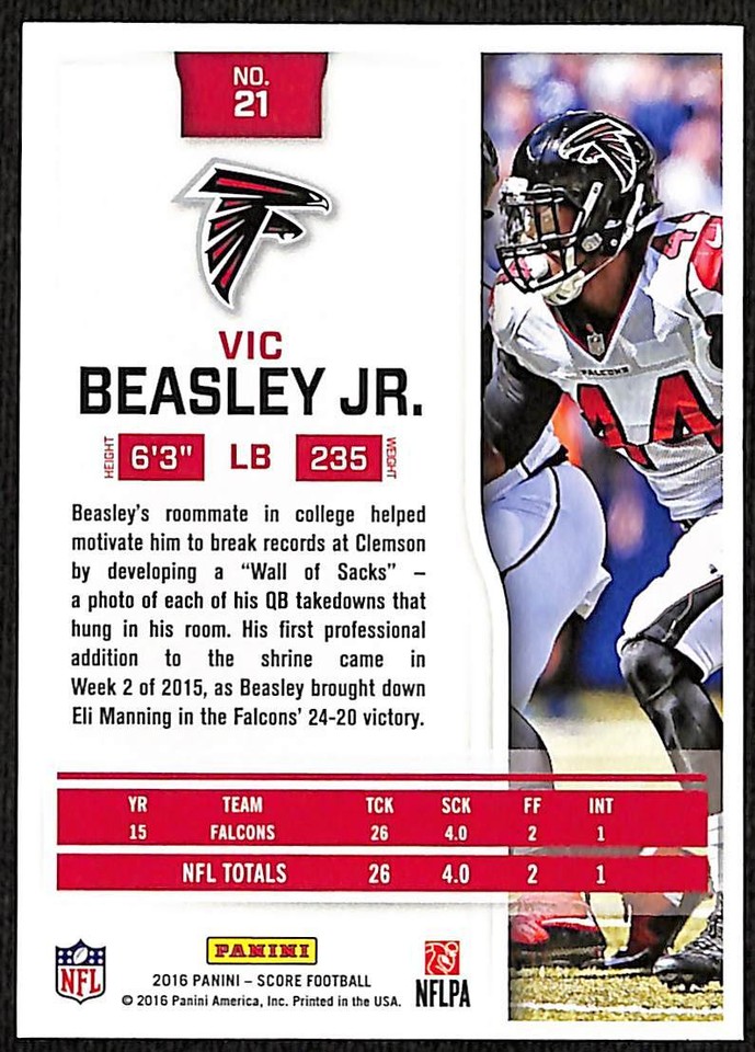 2016 Score Vic Beasley Jr. #21 Atlanta Falcons | eBay