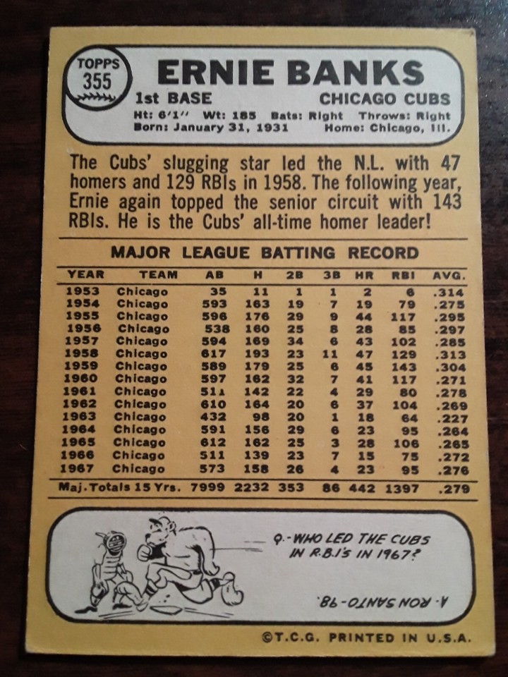 1968 TOPPS #355 ERNIE BANKS - CUBS - EX | eBay