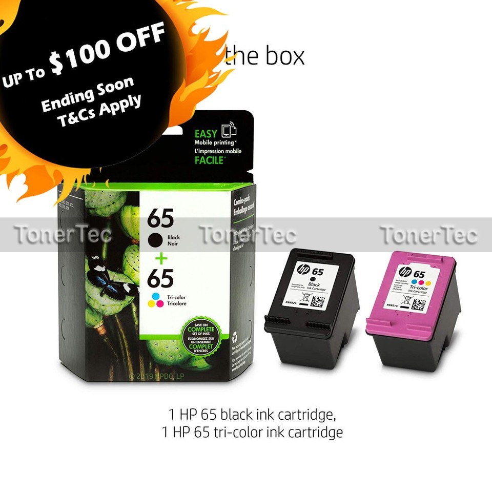 HP Genuine #65 BLACK+COLOR Ink Combo->2620/2621/2623/2624/3720/3721/AMP ...