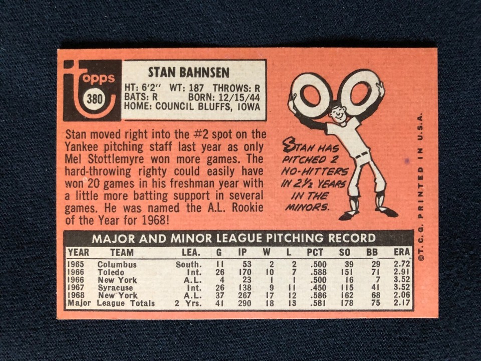 1969 Topps #380 Stan Bahnsen All-Star Rookie | eBay