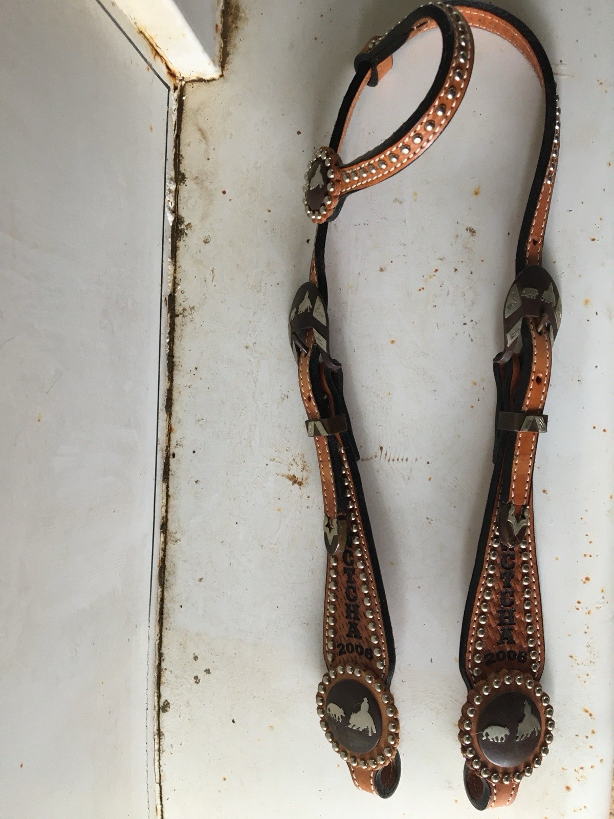 CUTTING HORSE TROPHY LEATHER HEADSTALL~2006 WCTCHA~BROWN STEEL BUCKLES ...