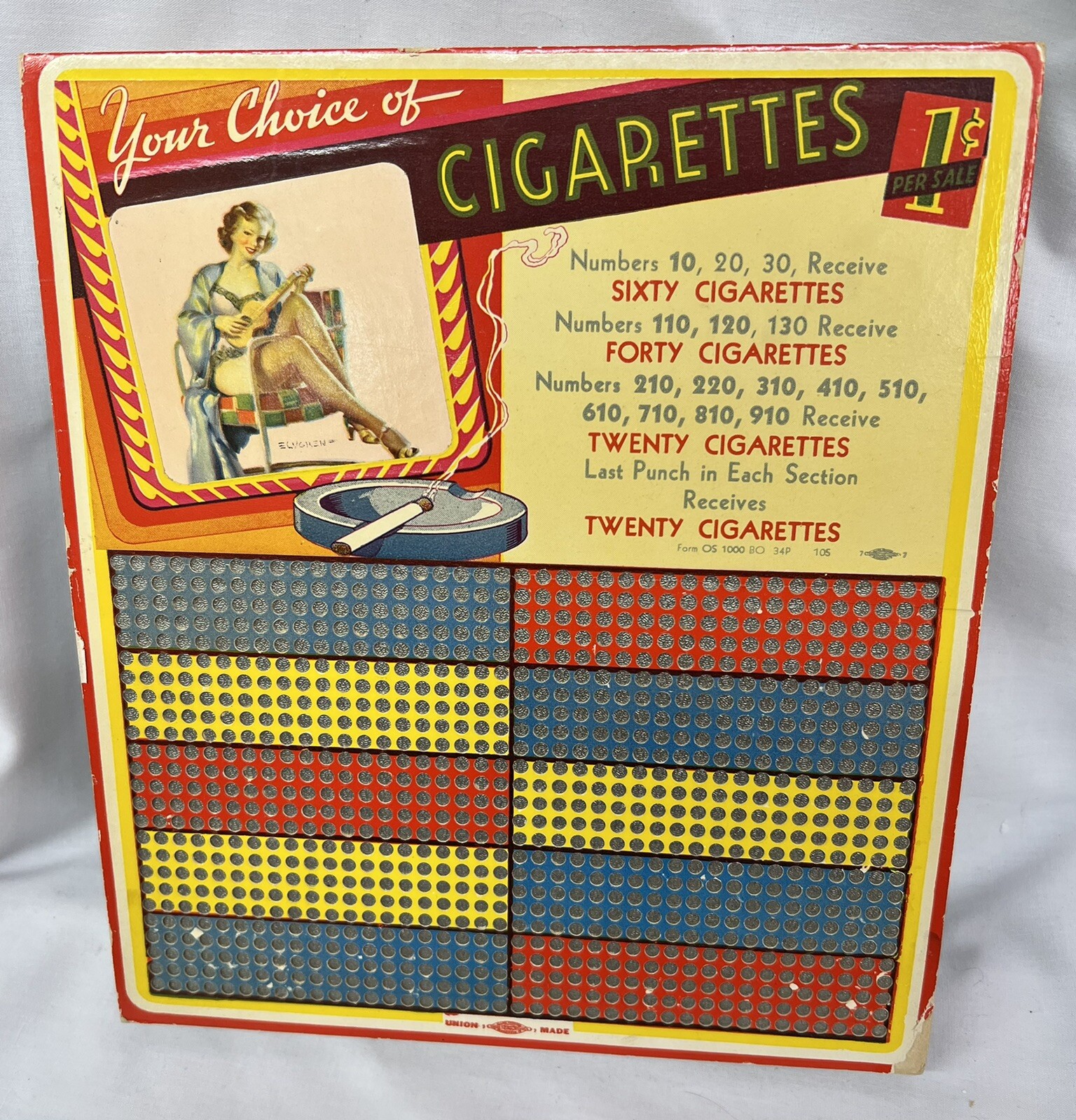 Vintage PENNY One Cent Punch Board Trade Stimulator Cigarettes Hamilton ...