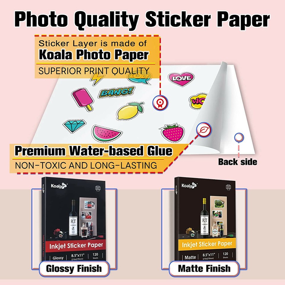 Koala Sticker Paper for Inkjet 120 Sheet 8.5x11 Glossy Sticker Photo ...