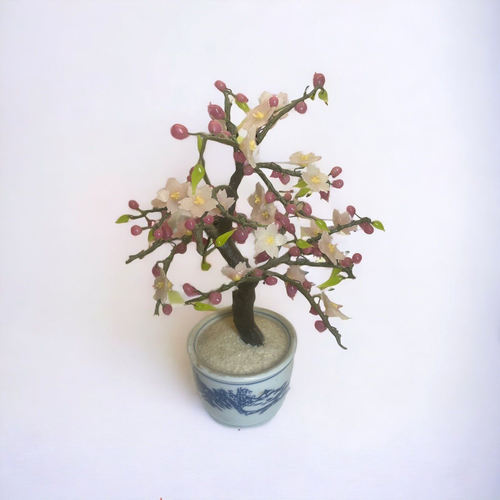 Glass Tree VTG Jade Cherry Blossom Flower Bonsai Oriental Pot Japan ...