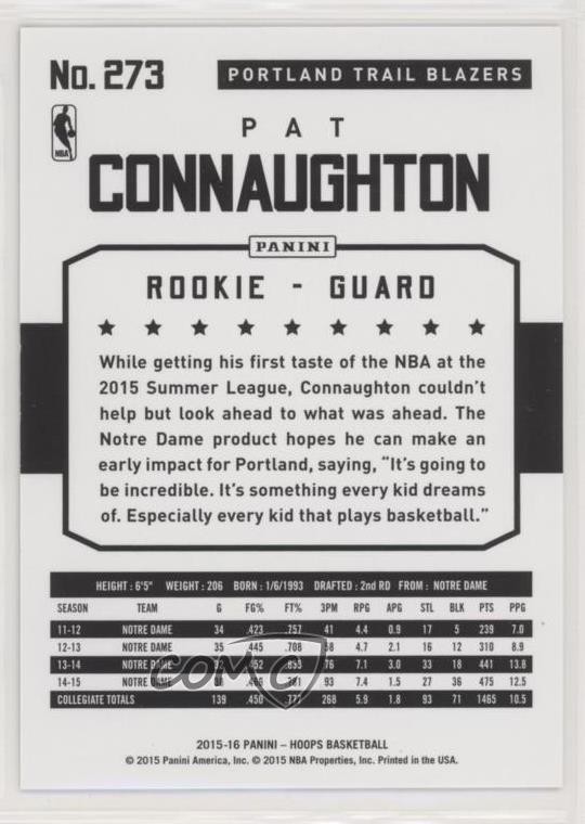 2015-16 Panini NBA Hoops Rookies Artist Proof /99 Pat Connaughton #273 ...