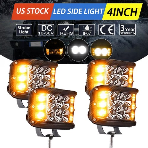 4PCS 4" LED Work Light Bar Pods Dual Side White & Amber Strobe Lamp ATV ...