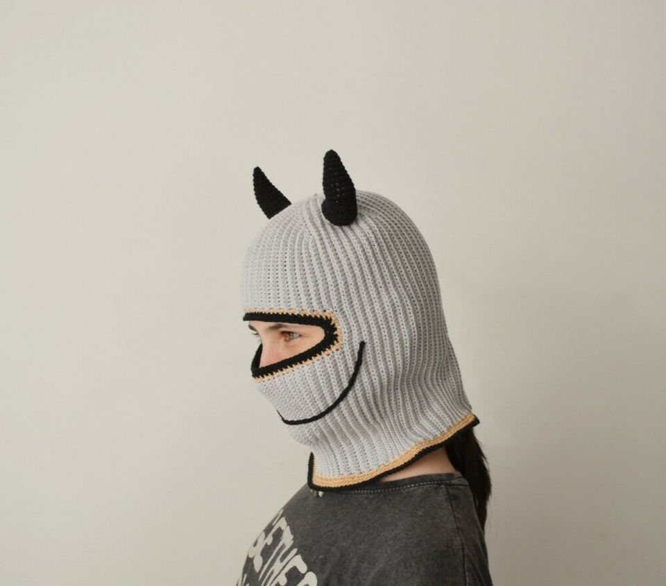 Devil knitted balaclava ski mask with horns men women Custom beanie hat ...