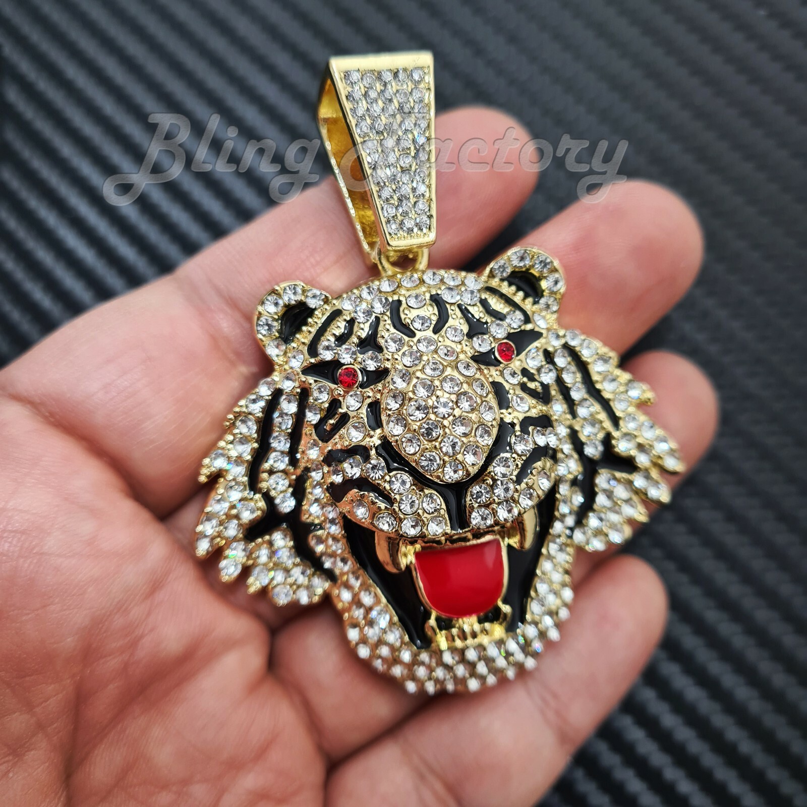 Gold PT Large Tiger Pendant & 12mm 16" ~ 30" Iced Box Lock Cuban Chain ...