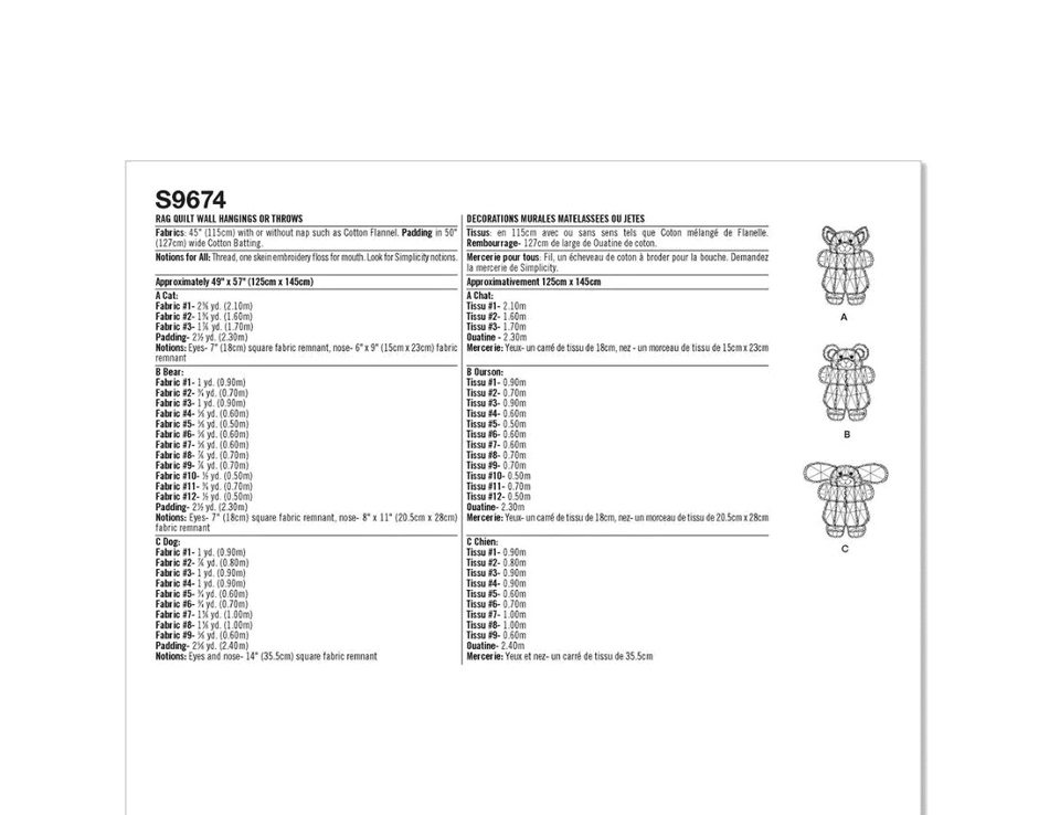 SIMPLICITY 9674 RAG QUILT & HANGINGS Sewing Pattern 49" x 57" Skill ...