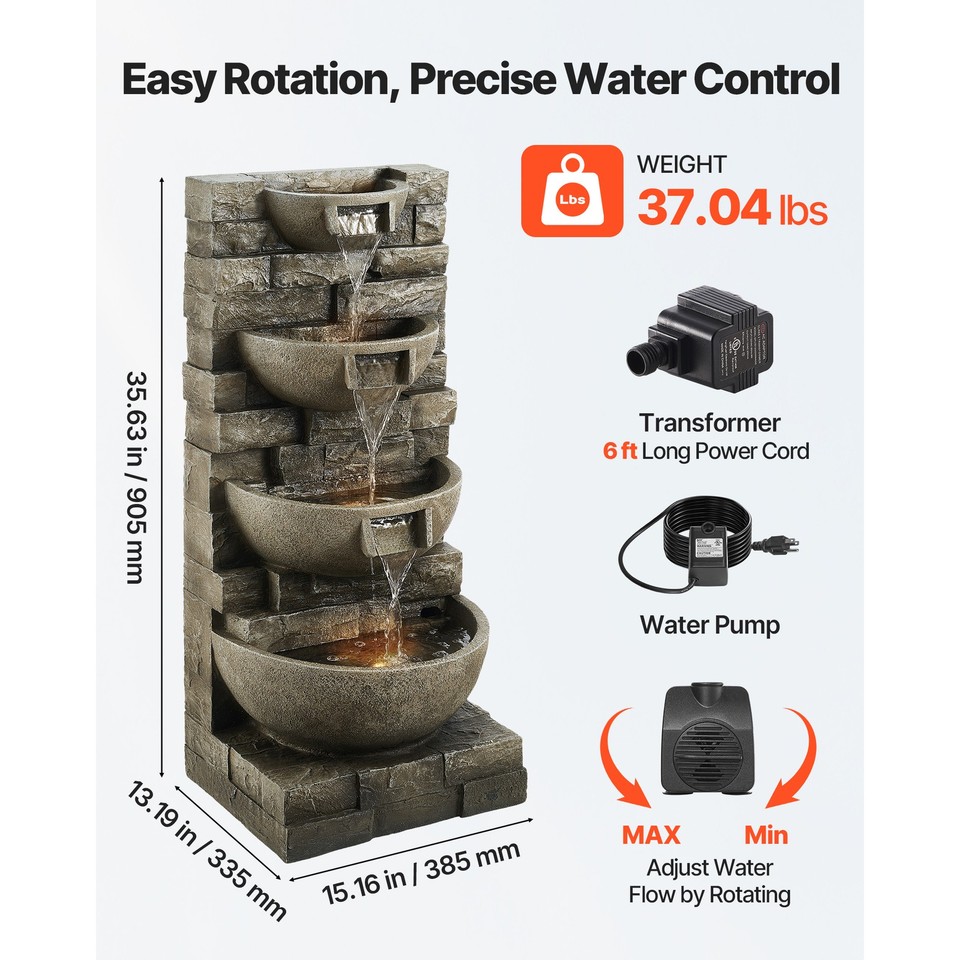 35.63" Outdoor Water Fountain with LED Light 4-Tier Yard Garden Stand ...