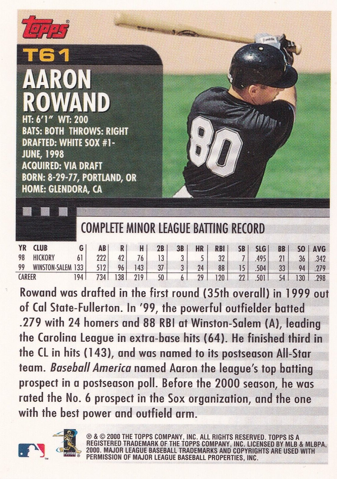 2000 Topps #T61 Aaron Rowland MLB Chicago White Sox + Free Mystery Card ...