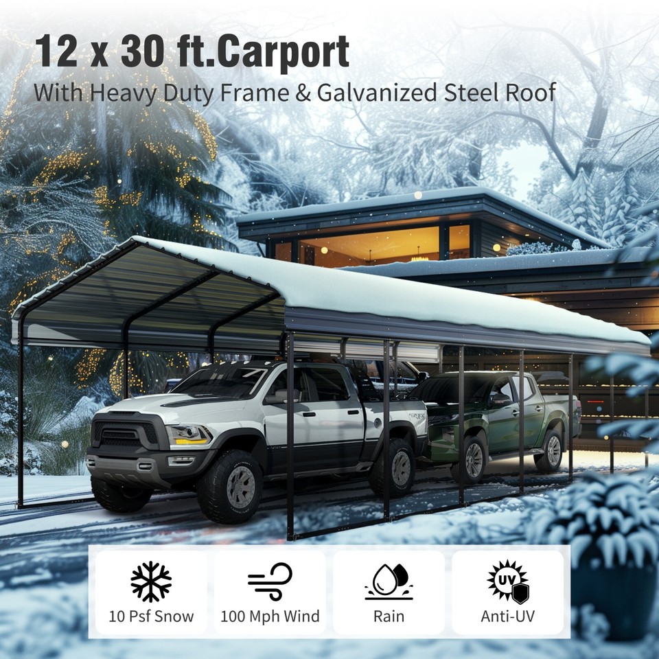 12x30' Metal Carport Heavy Duty Upgraded Reinforce Car Shelter Garage ...
