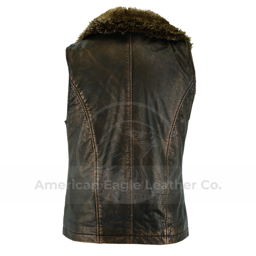 Men's Vintage Brown Leather Vest Genuine Shearling Fur Biker Motorcycle ...