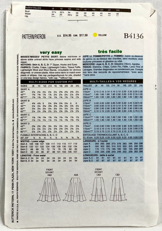 2004 Butterick Sewing Pattern B4136 Womens Skirts 2 Styles 2 Lengths 8 ...