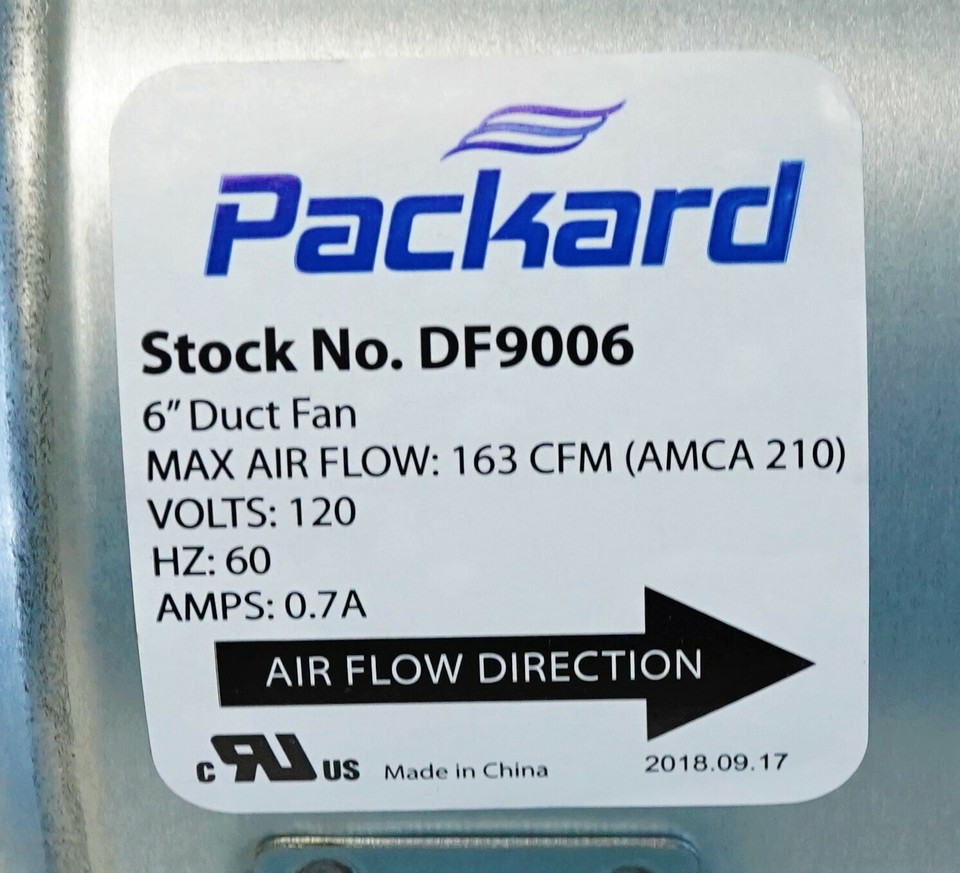 Packard DF9006 6" Inch Duct Fan Inline Blower Booster Exhaust Cooling ...