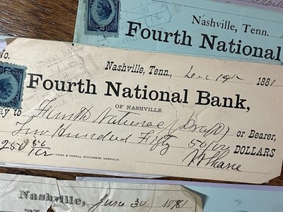 1881 - Collection of 35 - Fourth National Bank Checks, Nashville Tenn ...