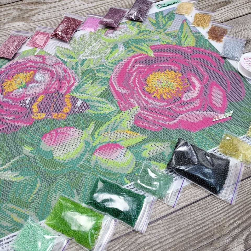 Bead Embroidery Kit Flowers DIY Beaded Stitching Stamped Needlepoint ...