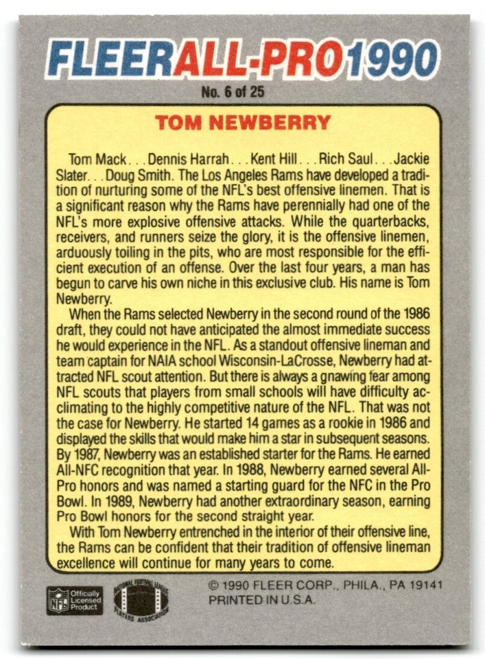 1990 Fleer All-Pro Tom Newberry Los Angeles Rams #6 | eBay