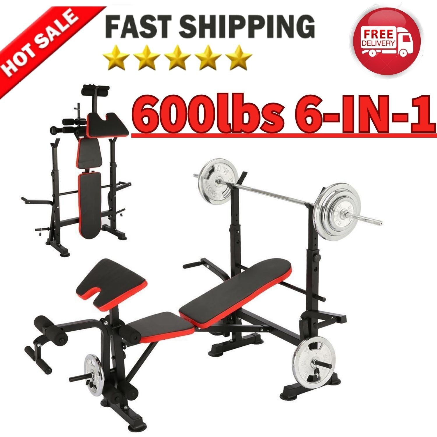 600lbs 6-in-1 Adjustable Olympic Weight Bench Set Full Body Workout ...