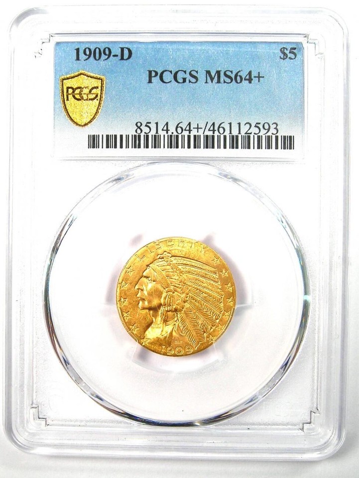 1909-D Indian Gold Half Eagle $5 Coin - PCGS MS64+ Plus Grade - $6,000 ...