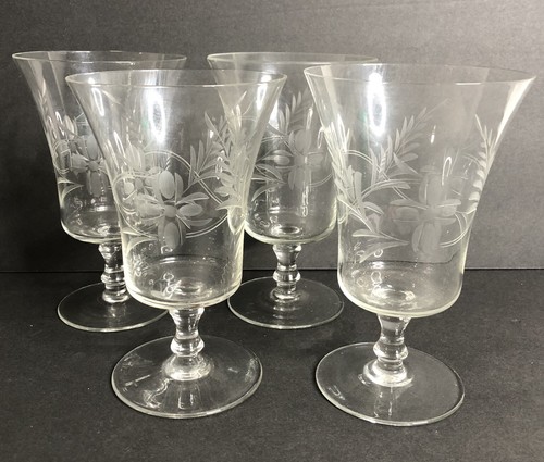 4 Vintage Rock Sharpe Floral Parfait Globlets Glass Etched Stems Libbey ...