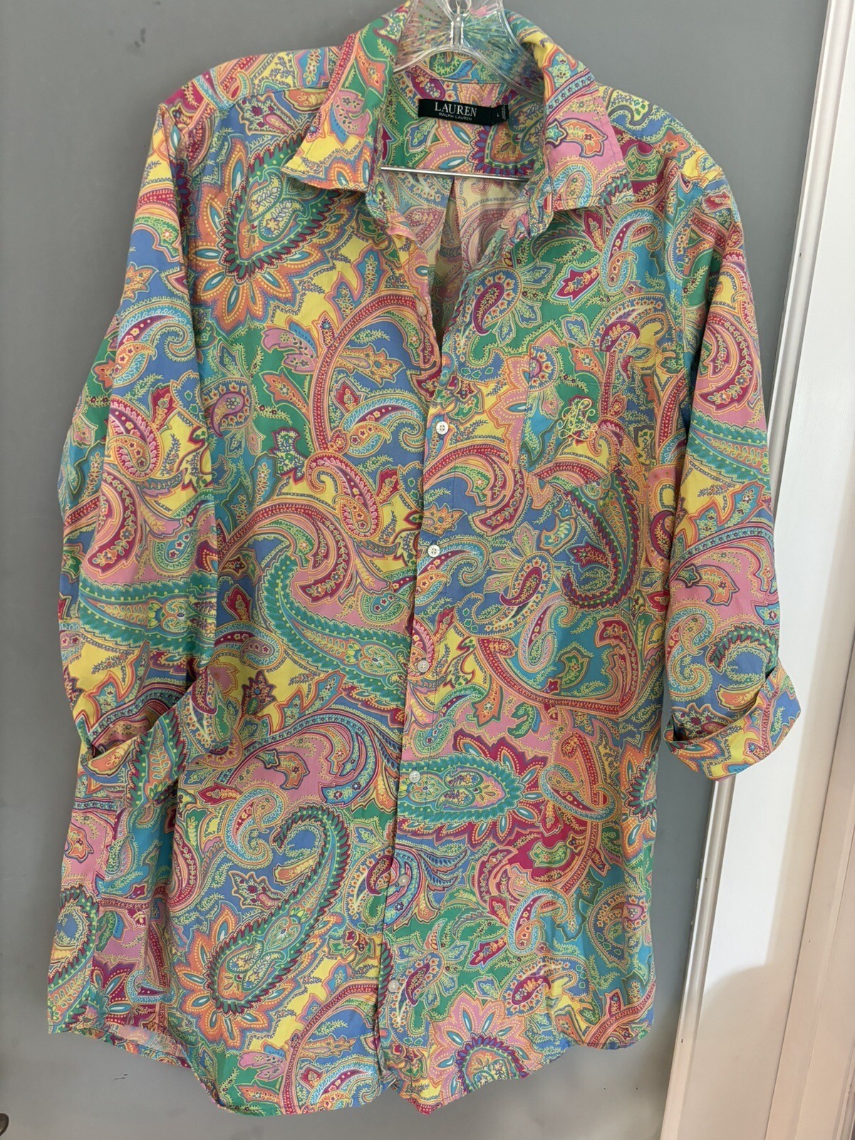 LRL Lauren Ralph Lauren Paisley Button-Up Tunic Shirt 3/4 Sleeves Women ...