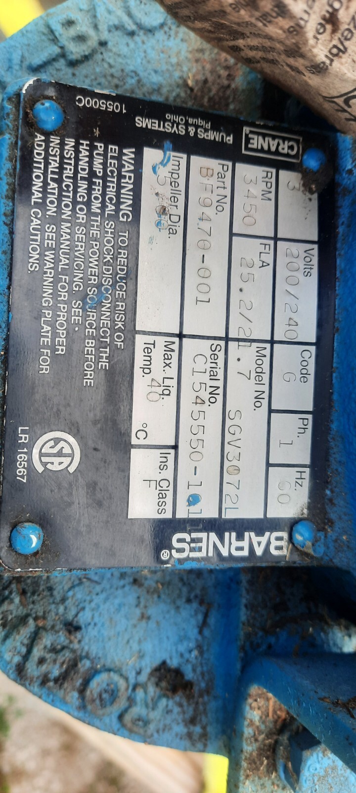 BARNES Sewage Ejector Pump SGV 3072L Grinder Cutter 3HP, 200/230V AC 1 ...