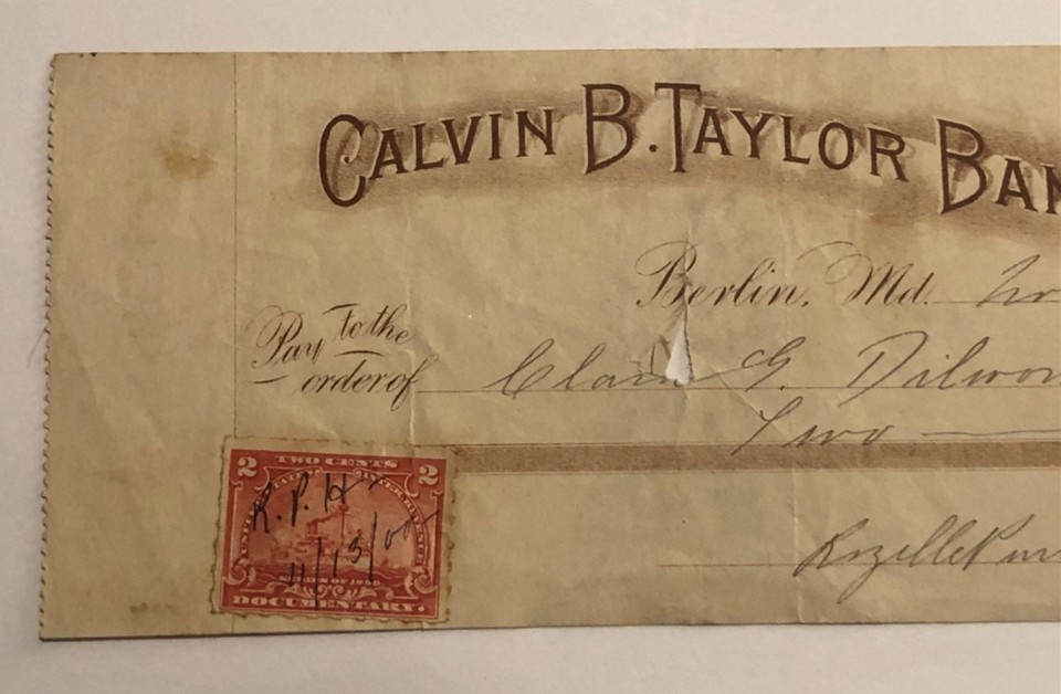 Calvin Taylor Banking Bank Berlin Worcester Co Maryland MD check not ...