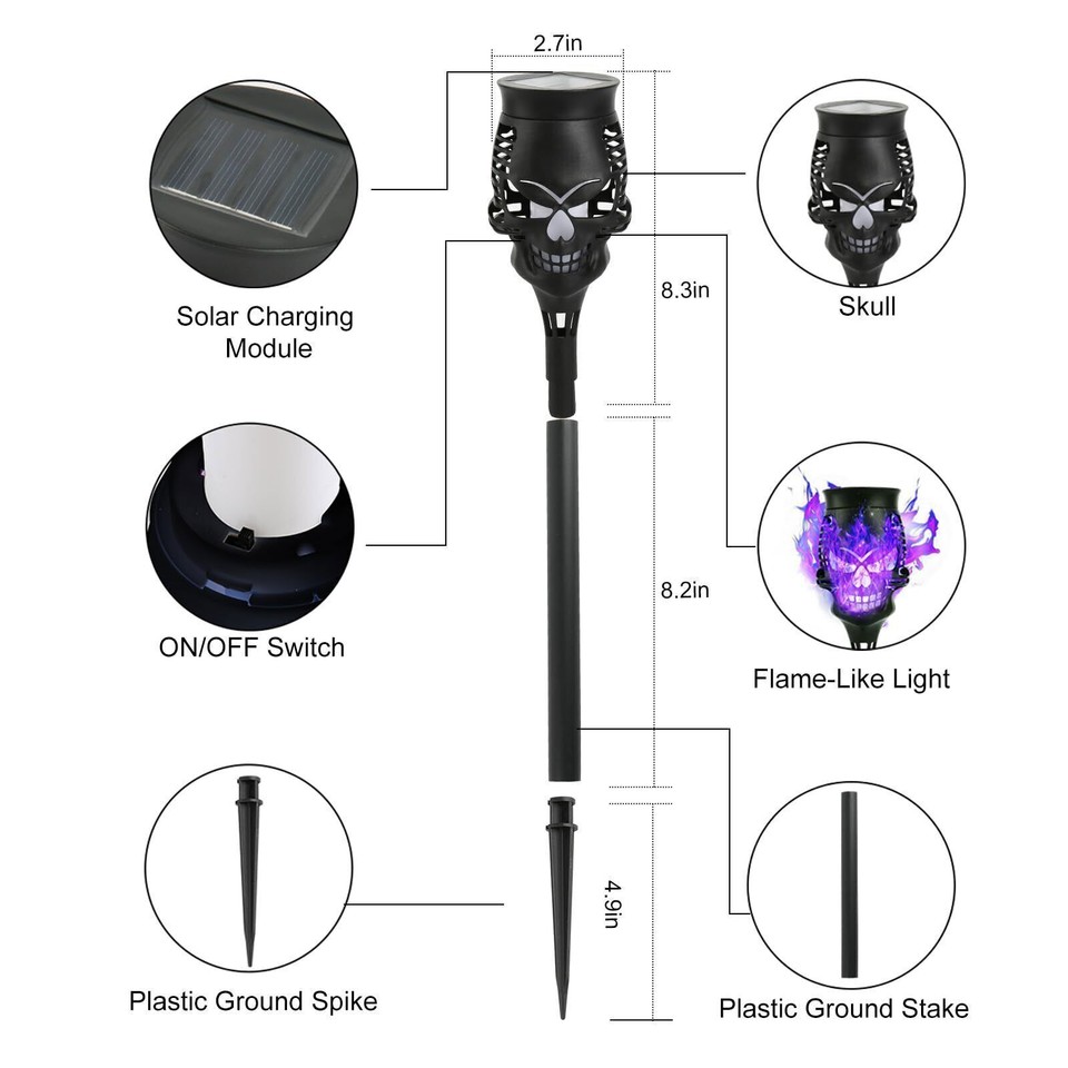 12 Packs Skull Solar Torch Lights Flickering Flame Halloween Torch ...