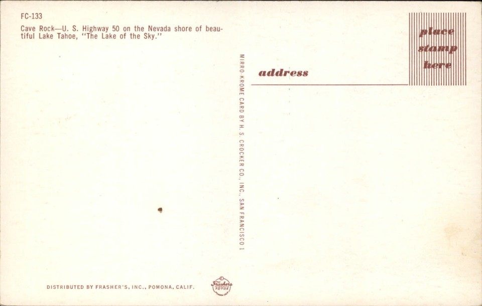 Nevada shore Cave Rock tunnel Highway 50 Lake Tahoe ~ postcard sku503 ...