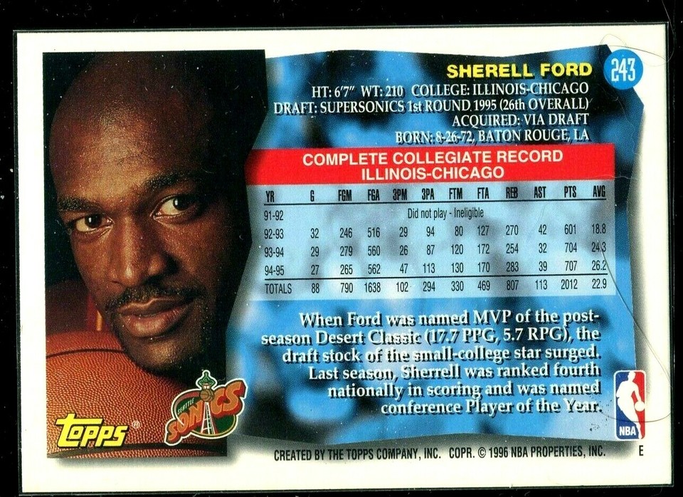 1996 Topps Basketball Sherell Ford #243 Seattle Supersonics Rookie | eBay
