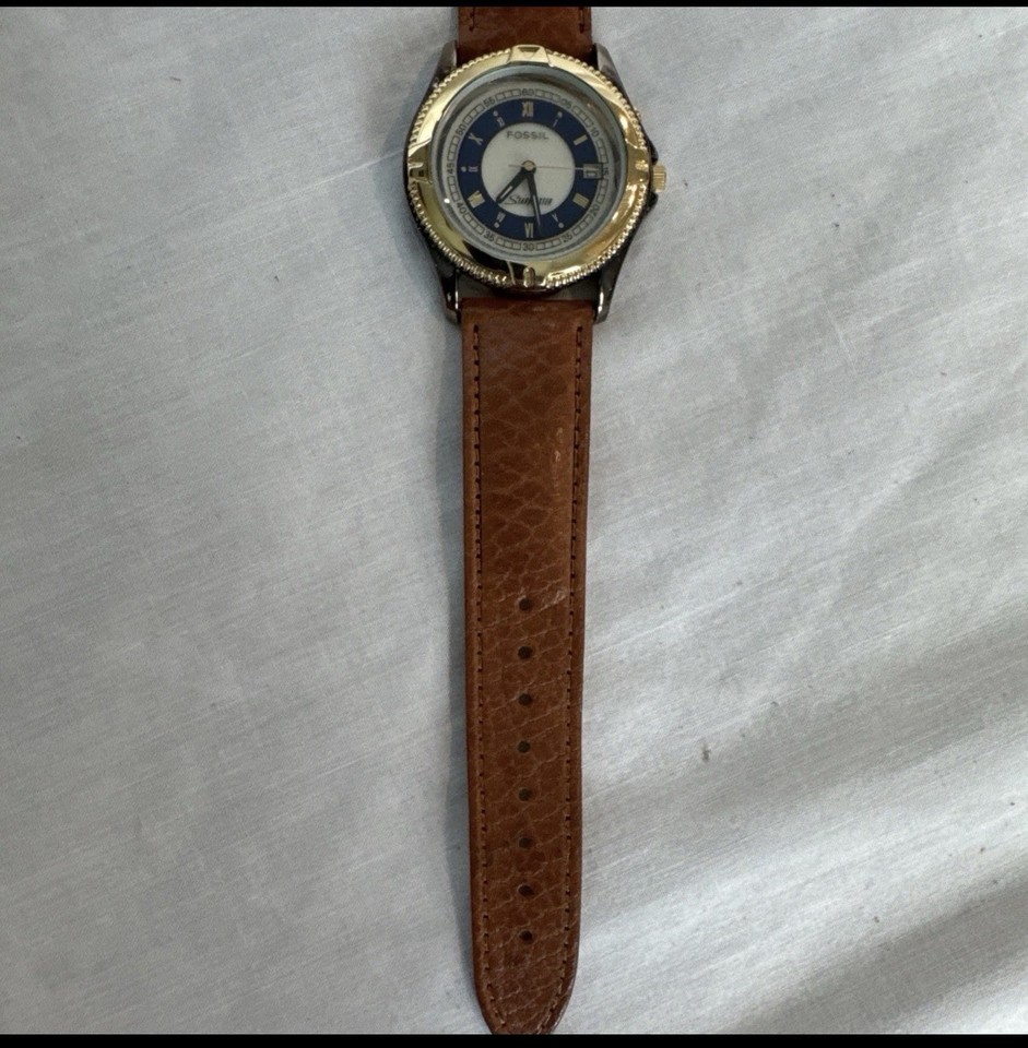 Vintage Fossil StarMaster Watch Mens Two Tone Gold, Brown Band, Blue ...