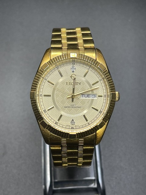 Elgin Mens Gold Tone Watch Modern Style FC462-017 Japan MOVT WORKS ...