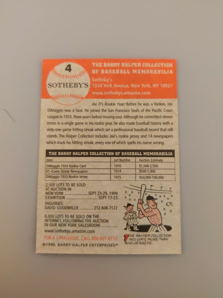 1999 SOTHEBYS Barry Halper: #4 JOE DiMAGGIO, San Francisco Seals ...