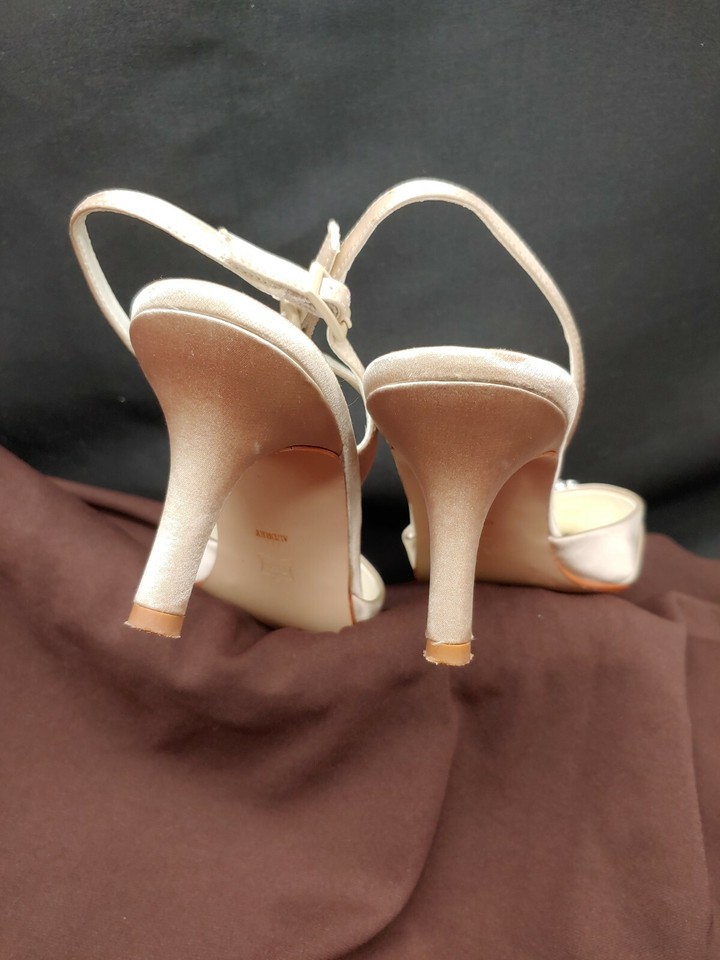 Formal Gold Satin Pumps Shoes 7 Rhinestones Strappy Square Toe Shoes ...