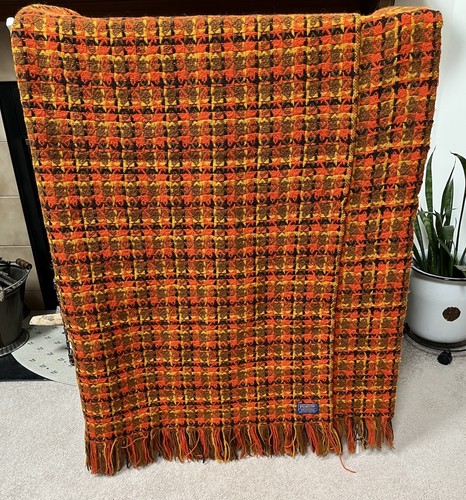 Vintage PENDLETON Blanket Wool Lap Fringed Retro Orange Brown Yellow ...