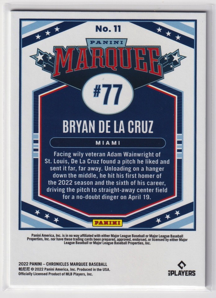 BRYAN DE LA CRUZ RC 8/199 Red 2022 Chronicles Marquee #11 Miami Marlins ...