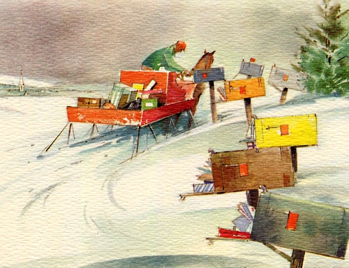 Vintage Horse Drawn Mail Sleigh MAILMAN CHRISTMAS Greeting Card ATOMIC ...
