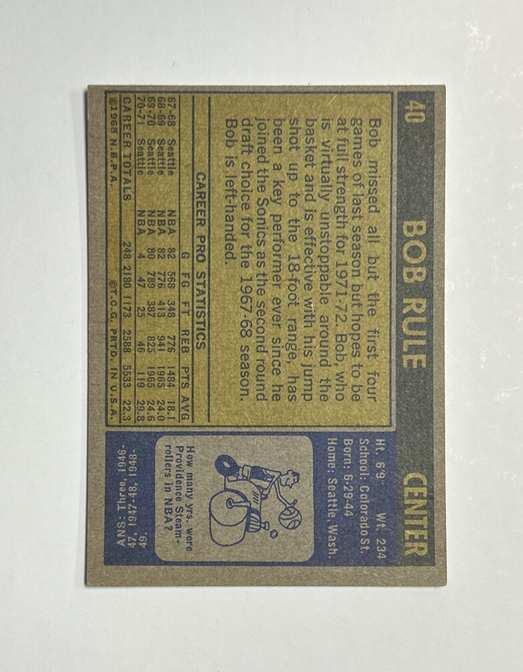 1971 Topps Basketball Bob Rule Seattle Super Sonics Card #40 | eBay