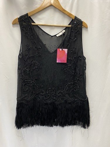 ALANNAH HILL Black beaded mesh v neck fringed singlet BNWT$295 EUR42 ...