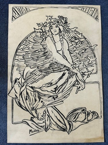 Alfons Mucha drawing and painting on old paper signed stamped vintage ...