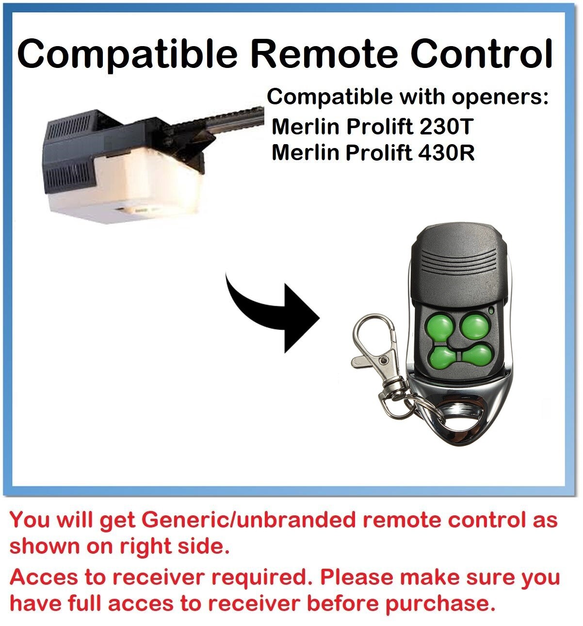 Remote control for Merlin Prolift 230T, Merlin Prolift 430R garage ...