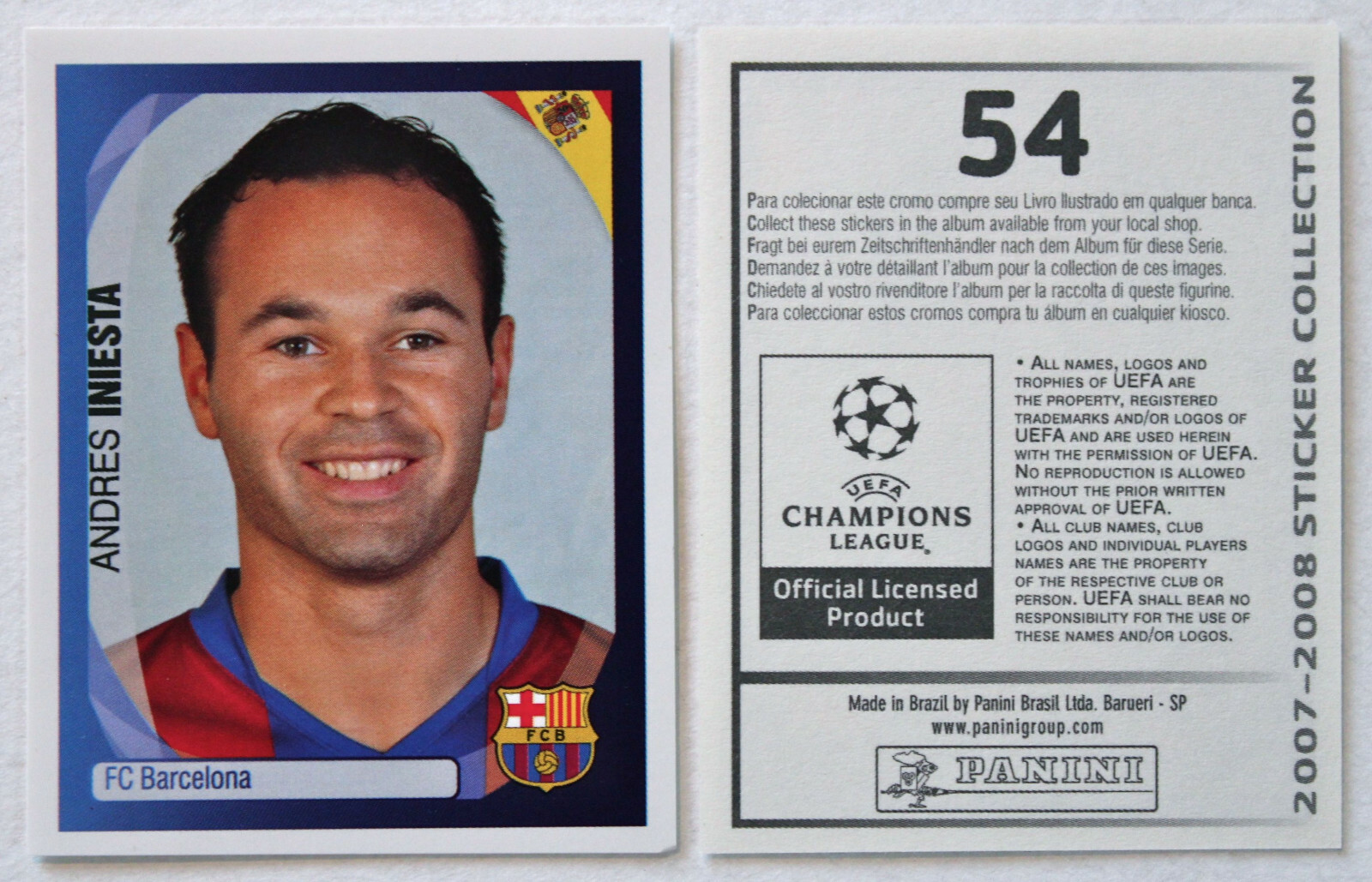 Panini Soccer Sticker Card Andres Iniesta No. 54 Champions League 2007/ ...