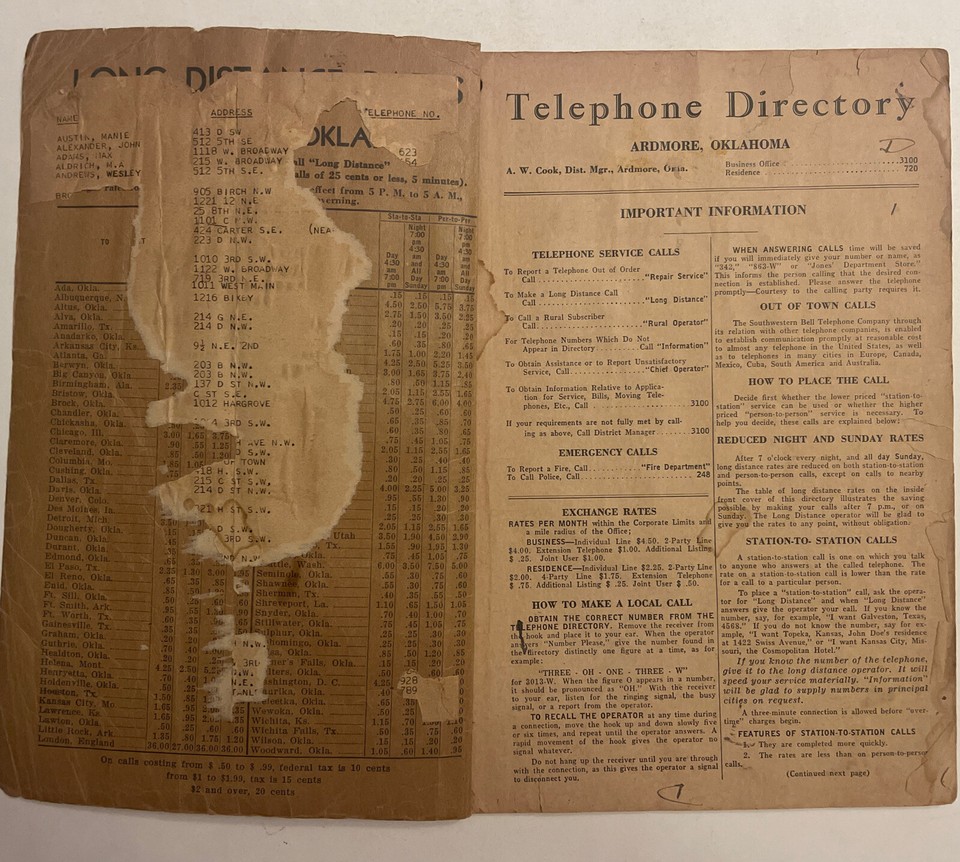 1936 Ardmore , OK Southwestern Bell Telephone Directory | eBay
