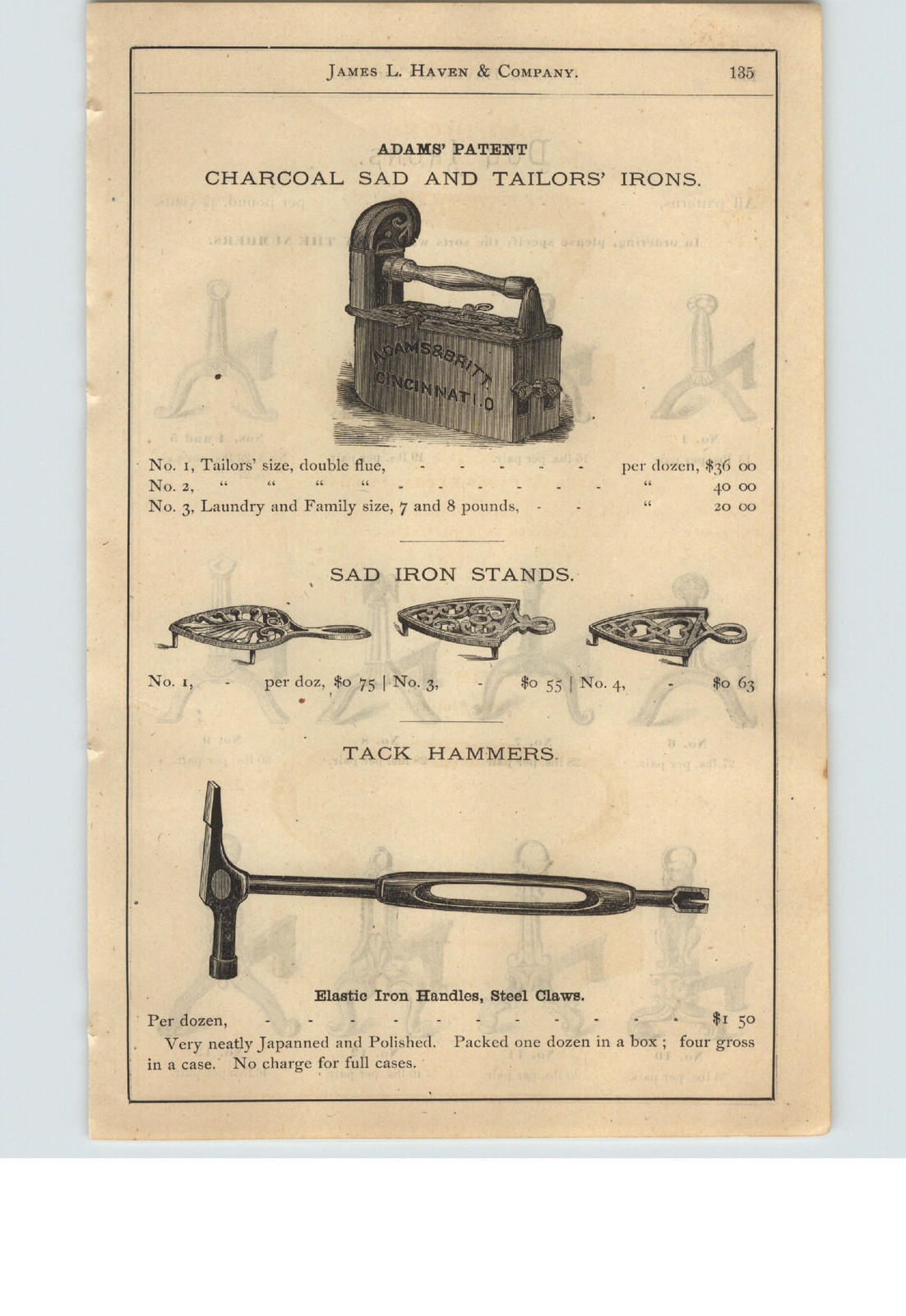 1890's PAPER AD Adam's Patent Charcoal Sad and Tailors' Iron Andiron ...