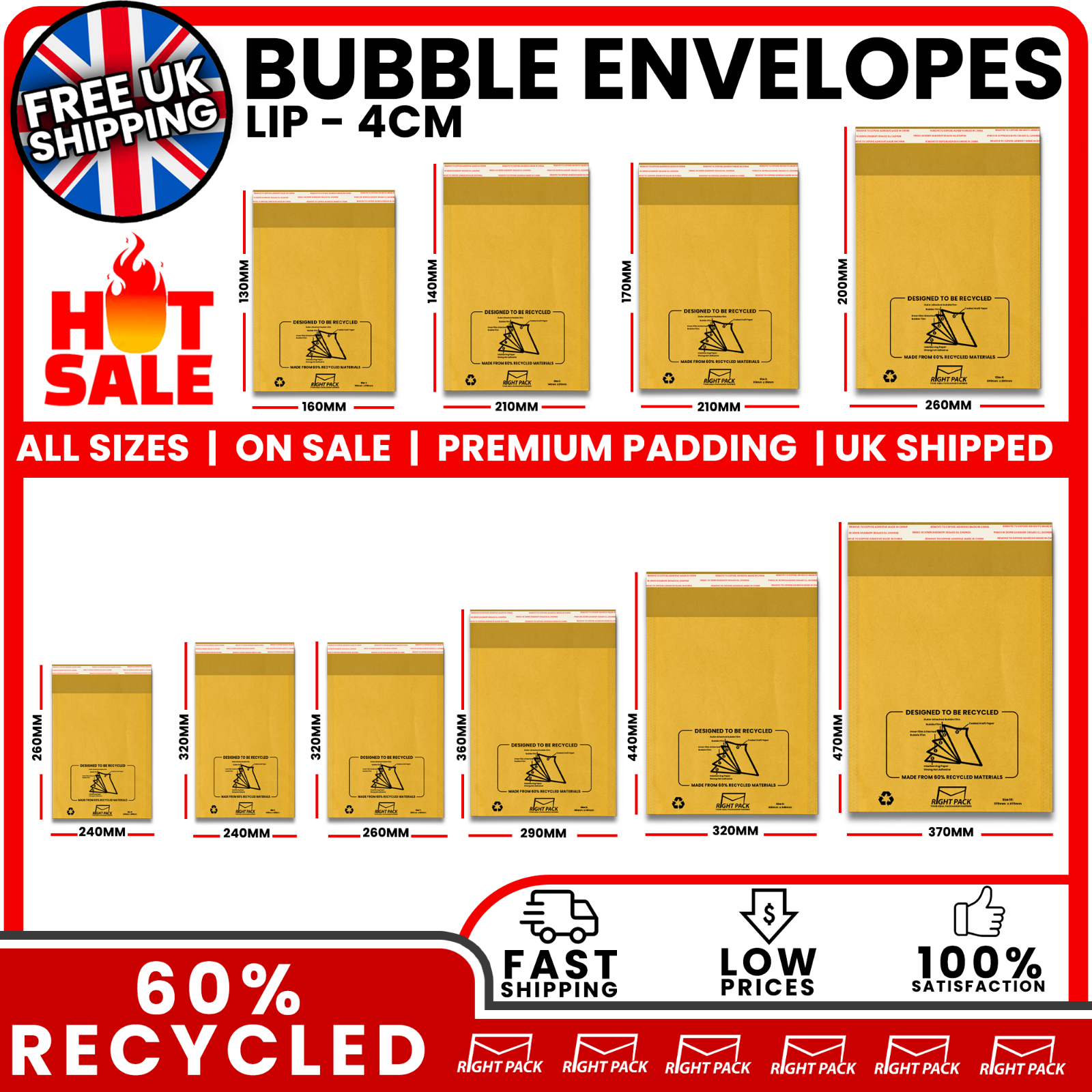 GOLD PADDED BUBBLE ENVELOPES BAGS POSTAL WRAP - ALL SIZES - VARIOUS ...