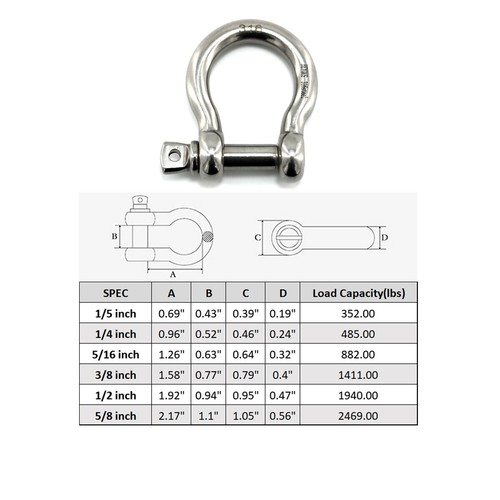 5/16 Clevis Pin D Ring Shackle Bow Anchor 316 Stainless steel Heavy ...
